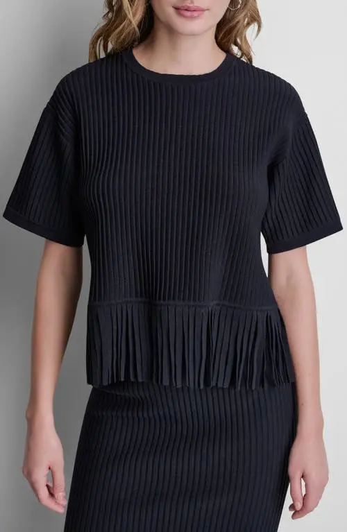 Dkny Ribbed Fringe Crewneck Sweater - Black