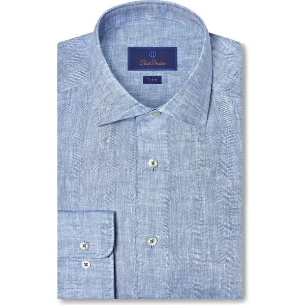 David Donahue Trim Fit Herringbone Linen Dress Shirt - Denim