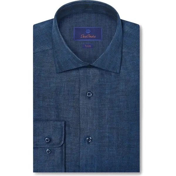 David Donahue Herringbone Linen Dress Shirt - Navy