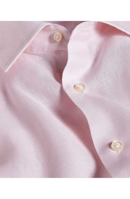David Donahue Trim Fit Linen Herringbone Dress Shirt