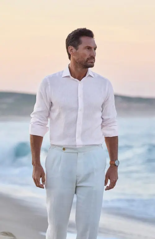 David Donahue Trim Fit Linen Herringbone Dress Shirt