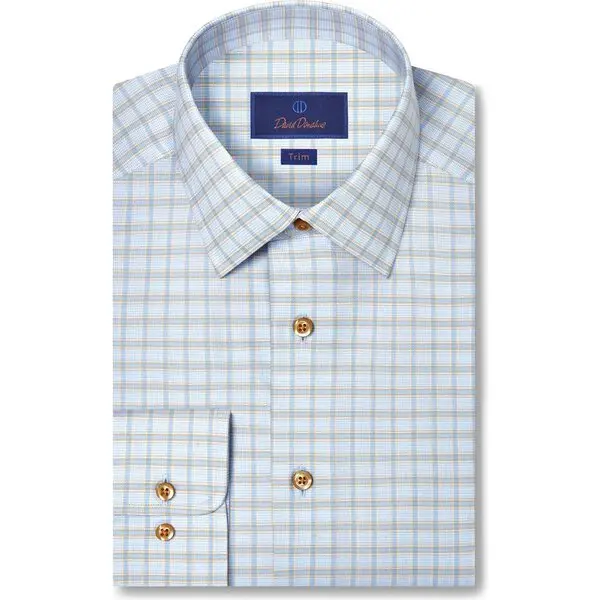 David Donahue Trim Fit Dobby Check Cotton Dress Shirt - Sky/dune