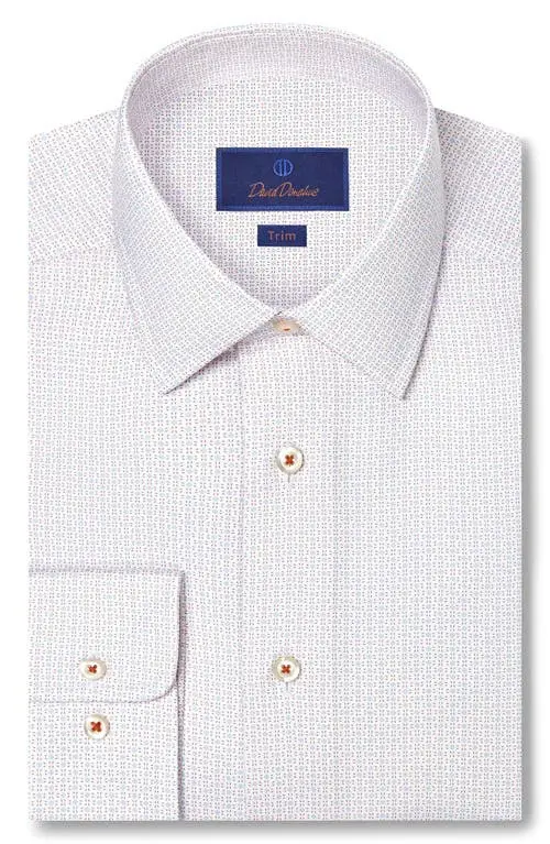 David Donahue Trim Fit Geometric Cotton Dress Shirt - White/orange