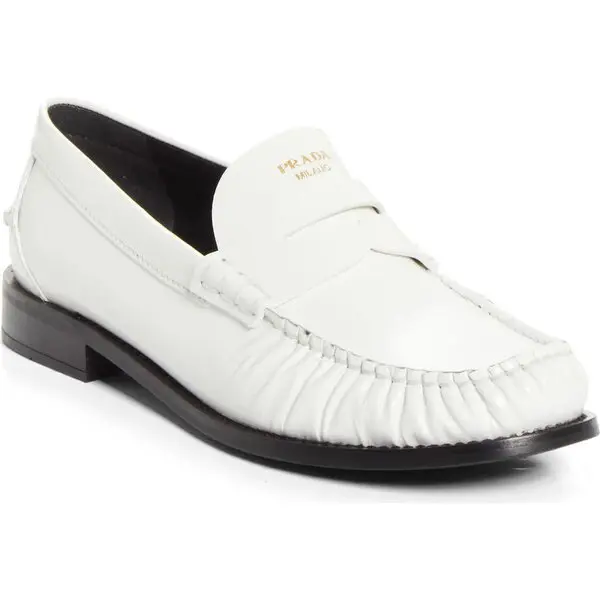 Prada Ruched Moc Toe Penny Loafers - Bianco