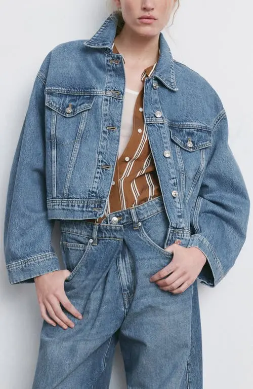 Mango Oversize Cropped Denim Jacket With Spread Collar - Medium Blue