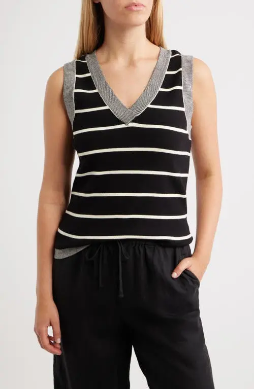 Wit & Wisdom Stripe V-neck Sweater Vest - Black/ecru