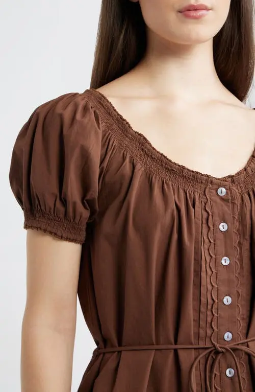 DAMSON MADDER Jayne Organic Cotton Puff Sleeve Mini Dress - Chocolate