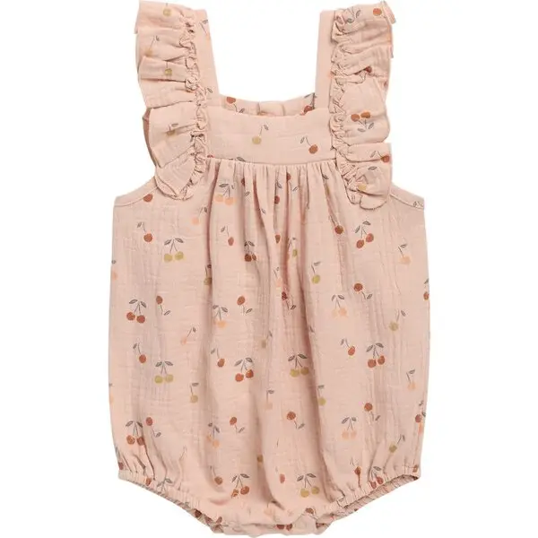 QUINCY MAE Flutter Sleeve Cherry Print Organic Cotton Bubble Romper - Blush