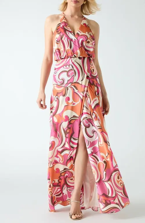 MARCIANO Sleeveless Halter Maxi Dress With Beaded Straps And Slit - Brown