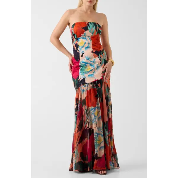 MARCIANO Roma Print Strapless Gown