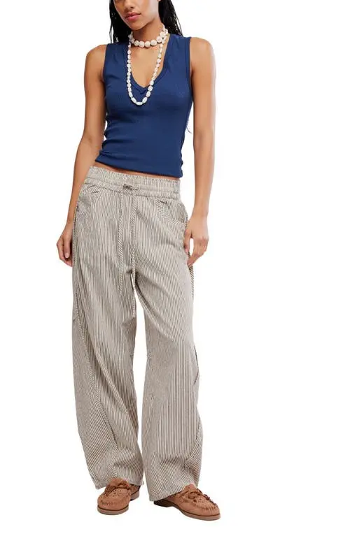 Free People Pinstripe Cotton Drawstring Pants - Ivory Combo