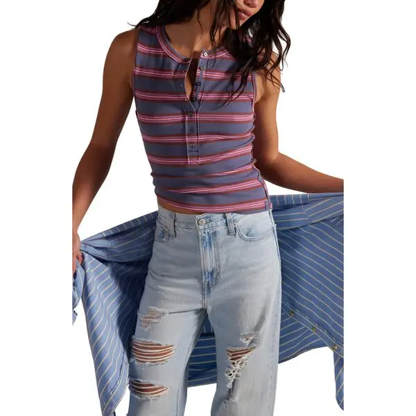 Free People Jamie Stripe Henley Tank - Navy Combo