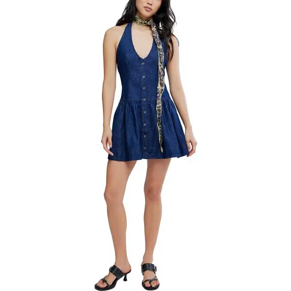 Free People Clean Break" Denim Halter Mini Dress - Night Wash