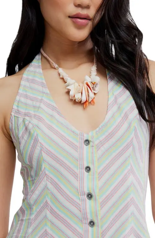 Free People Halterneck Striped Mini Dress With Button Front
