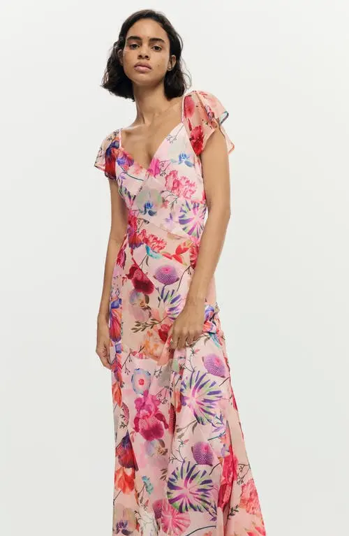 Desigual Floral Flutter Sleeve Chiffon Dress