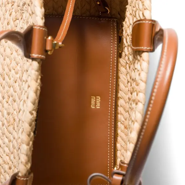 Miu Miu Raffia Top Handle Bag With Leather Accents