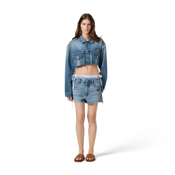 Miu Miu Cropped Washed Denim Jacket With Embroidered Logo - Navy
