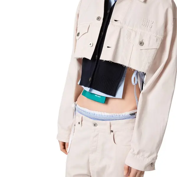 Miu Miu Cropped Denim Jacket With Embroidered Logo - White