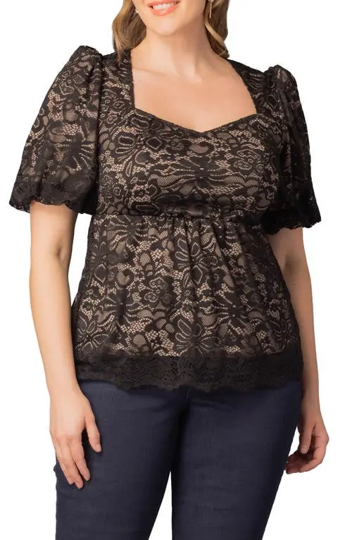 KIYONNA Winsome Puff Sleeve Lace Top - Black/nude