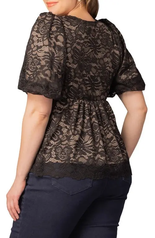 KIYONNA Winsome Puff Sleeve Lace Top - Black/nude
