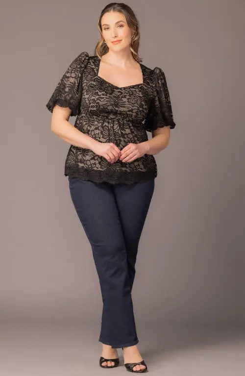 KIYONNA Winsome Puff Sleeve Lace Top - Black/nude