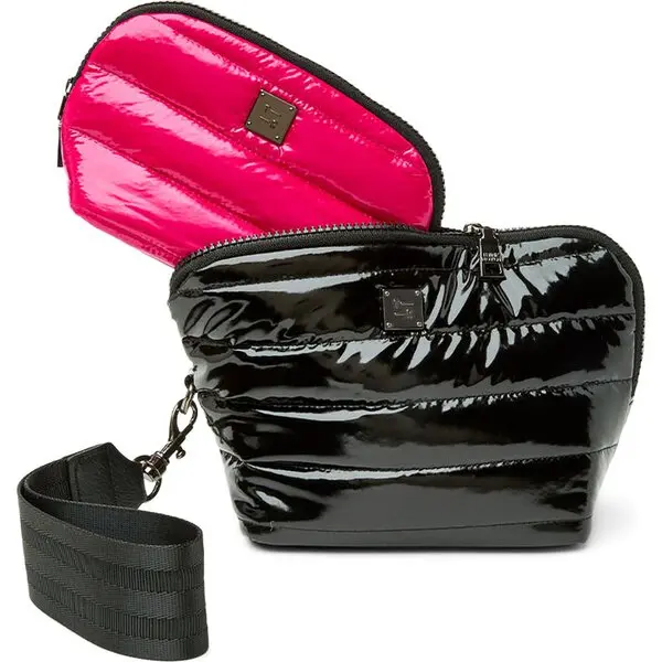 THINK ROYLN Double Stash Set Of 2 Zip-top Travel Pouches - Black Patent/glossy Fuchsia