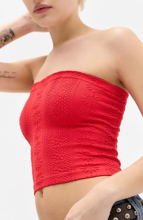BDG URBAN OUTFITTERS Floral Knit Crop Bandeau Top - Red