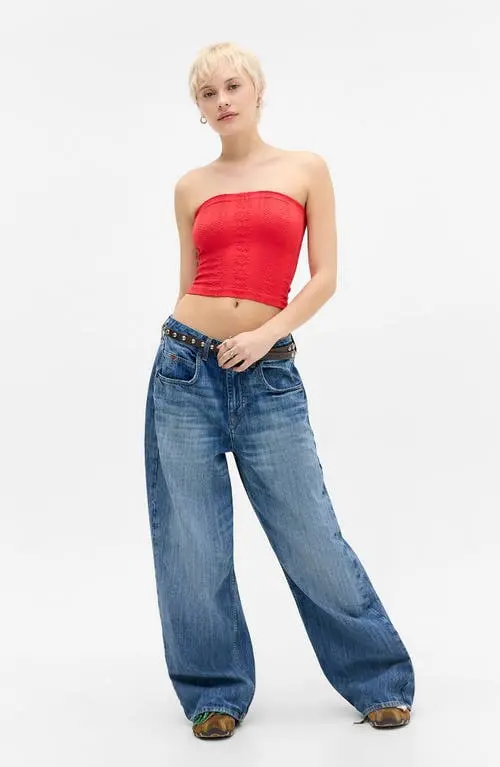 BDG URBAN OUTFITTERS Floral Knit Crop Bandeau Top - Red