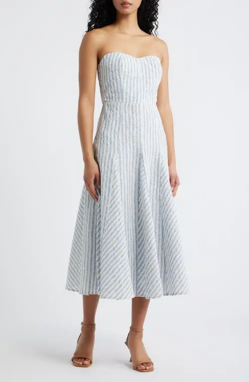 Lulus Karina Strapless Stripe Eyelet Midi Dress