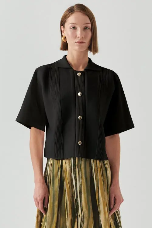 EXQUISE Marilyn Shirt Knit Trim Poplin Short Sleeve Shirt - Black