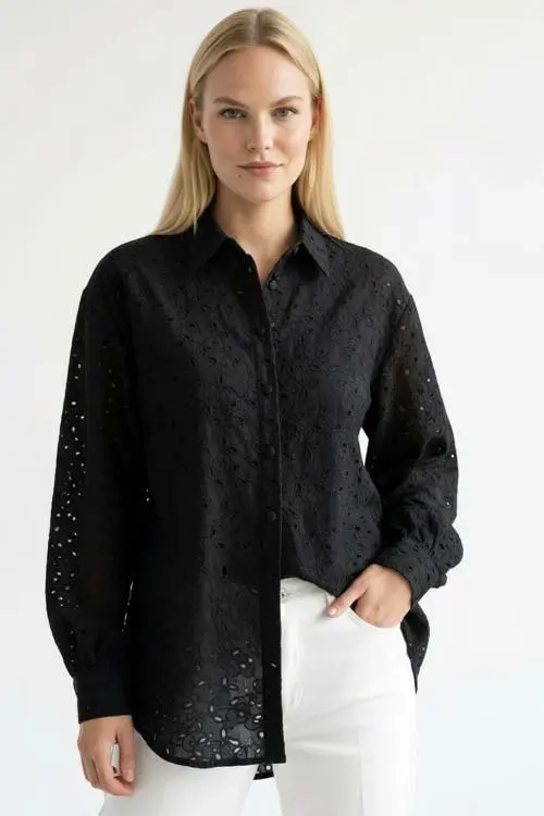 EXQUISE Long Sleeve Broderie Anglaise Shirt - Black