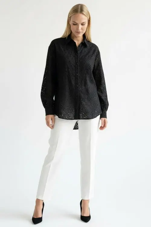 EXQUISE Long Sleeve Broderie Anglaise Shirt