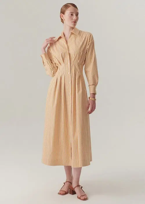 EXQUISE Waist Shirt Collar Midi Dress - Camel Beige