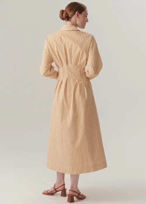 EXQUISE Sutton Collar Midi Dress With Long Sleeves And Stripes