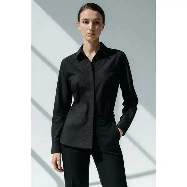 EXQUISE Stone Pattern Pocketless Long Sleeve Cotton Shirt - Black