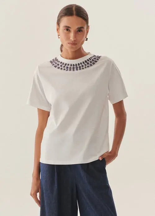 EXQUISE Adriana Crystal-embellished Cotton Tee - White