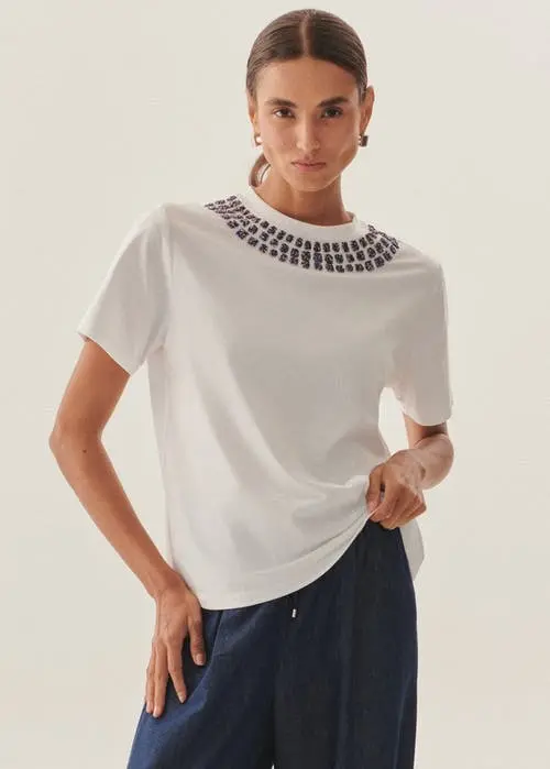 EXQUISE Adriana Crystal Embellished Cotton T-shirt