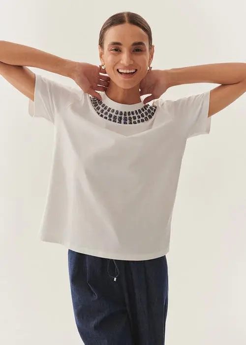EXQUISE Adriana Crystal Embellished Cotton T-shirt