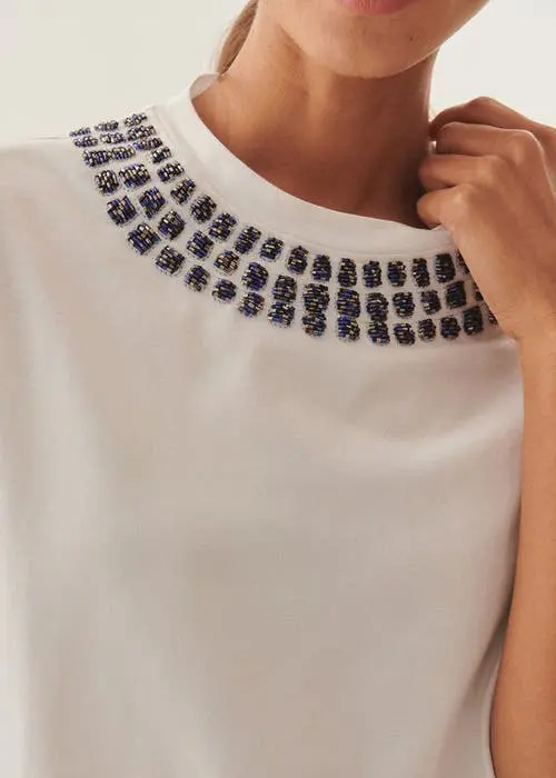 EXQUISE Adriana Embellished Cotton T-shirt - White