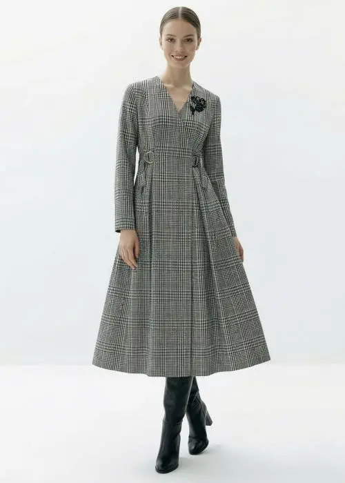 EXQUISE Notched Lapel 3/4 Sleeve Dress - Black-white
