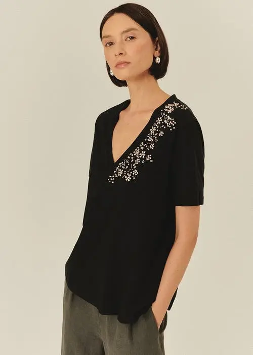EXQUISE Mallory Understated Embellished Tee - Black