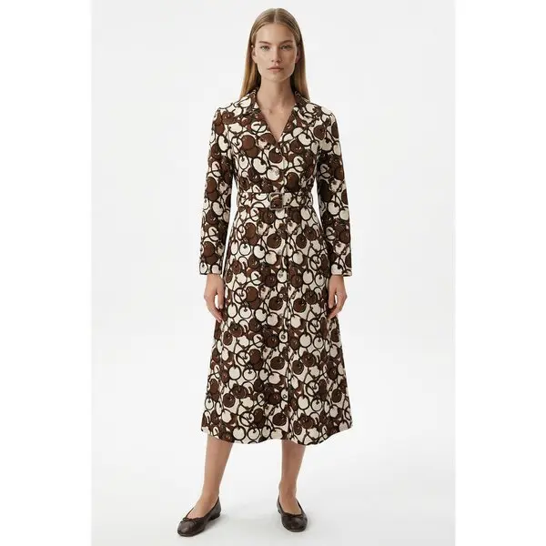 EXQUISE Long Sleeve Fitted Button-front Maxi Dress - Brown-beige