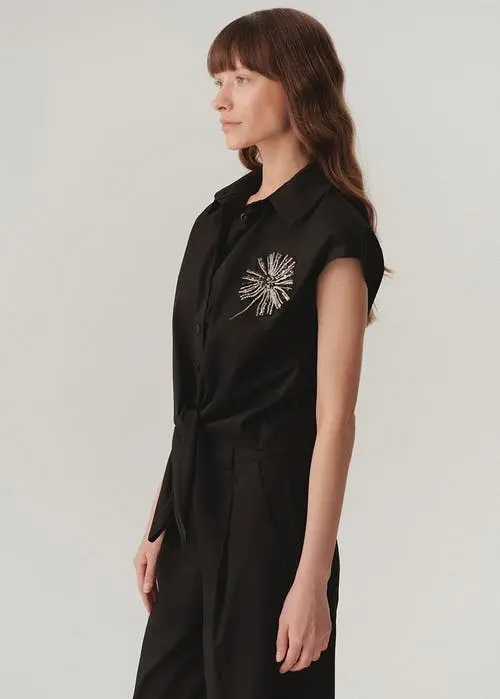 EXQUISE Embellished Tie-front Cotton Shirt