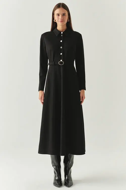 EXQUISE Georgina Shirt Collar Long Sleeve Knit Dress With Pockets - Black