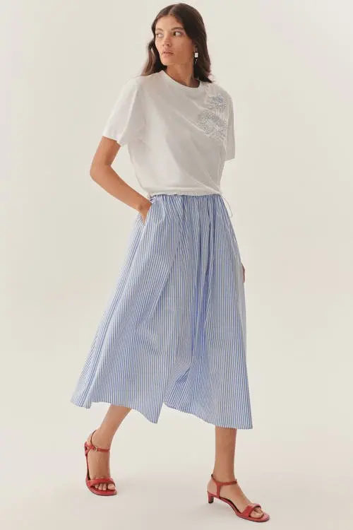 EXQUISE Crew Neck Short Sleeve Embroidered Midi Dress - Blue-white