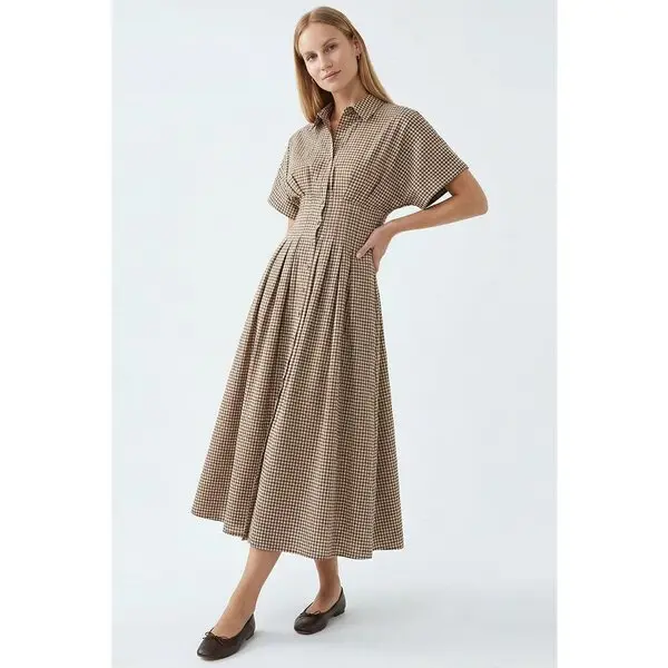 EXQUISE Tailored Defined Waist Check Print Shirt Dress - Cream-mink