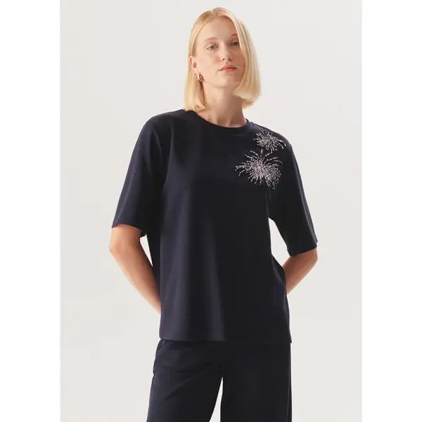 EXQUISE Madilyn Minimalist Sparkle Accent T-shirt - Navy Blue