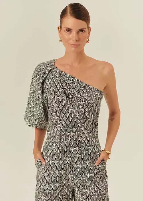 EXQUISE Anaya One-shoulder Printed Cotton Jumpsuit