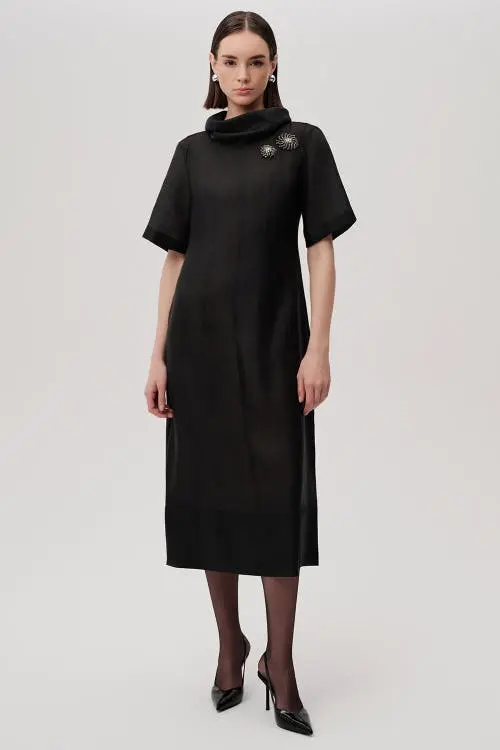 EXQUISE High Neck Long Sleeve Dress - Black