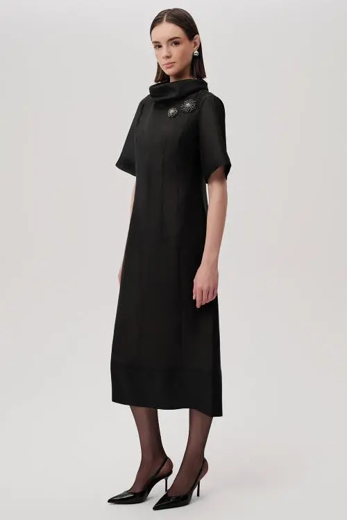 EXQUISE Midi Dress With High Neck And Long Sleeves